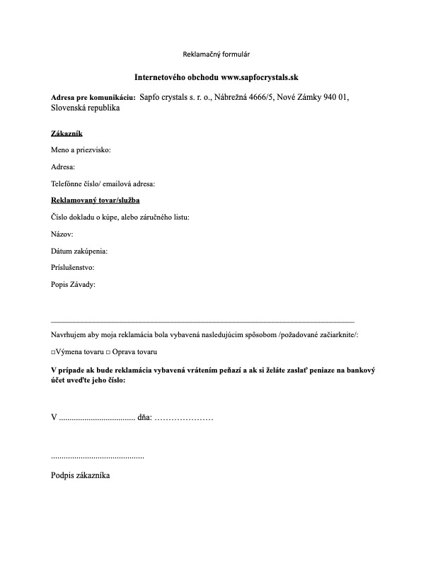 Reklamačný formulár :: Sapfocrystals